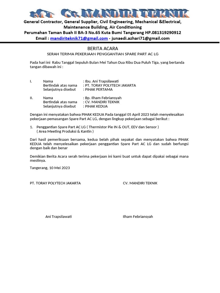 Berita Acara Penggantian Spare Part Pt. Toray Polytech Jakarta-2 | PDF