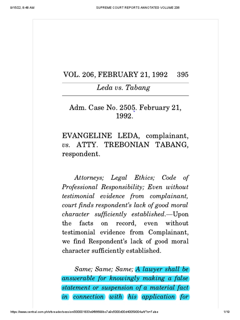 11 ESCRA - LEDA VS TABANG (Annotated) | Download Free PDF | Lawyer ...