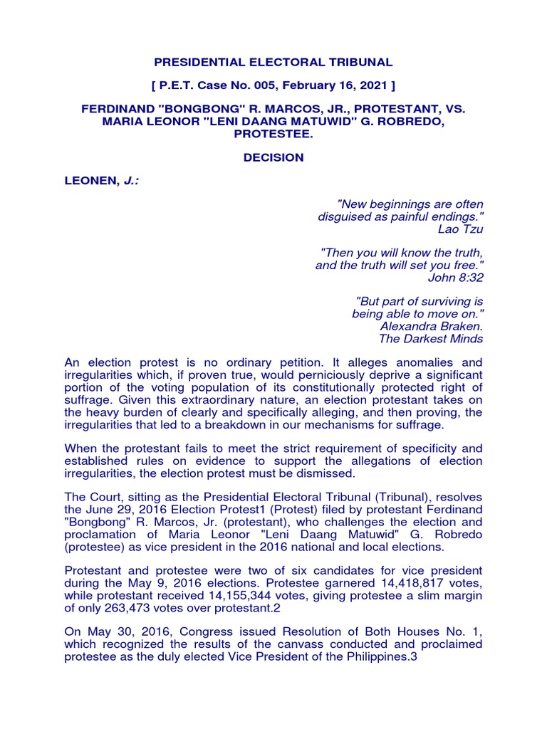 Marcos vs. Robredo, PET Case 005 (2021) | PDF