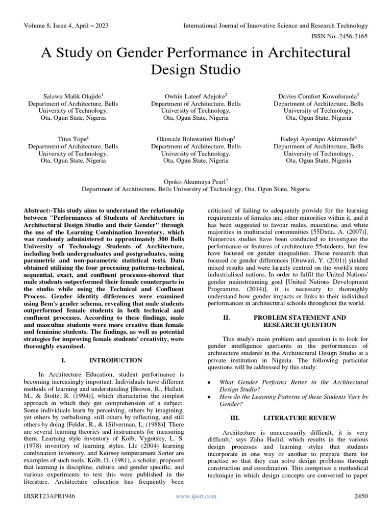 A Study on Gender Performance in Architectural Design Studio | PDF
