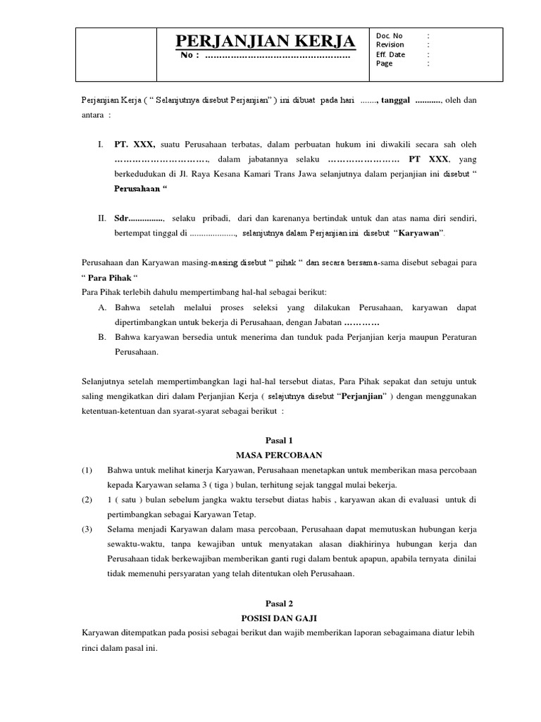 Contoh Perjanjian Kerja Karyawan Permanen Pkwtt Pdf