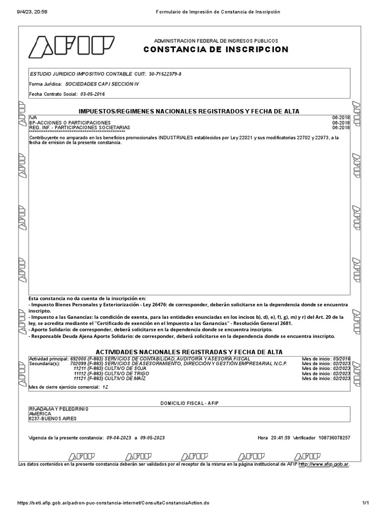 Constancia de Inscripción AFIP 2023 | PDF | Impuesto sobre la renta ...