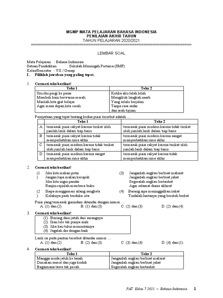 Soal Pat BHS Indo 7 | PDF | Seni & Disiplin Bahasa | Kajian Bahasa Asing