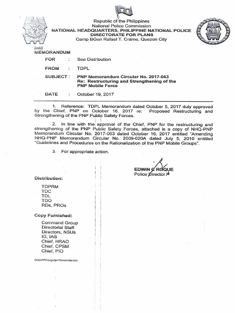 Pnp Memo Circular No 2017 063 Re Restructuring And Strengthening Of