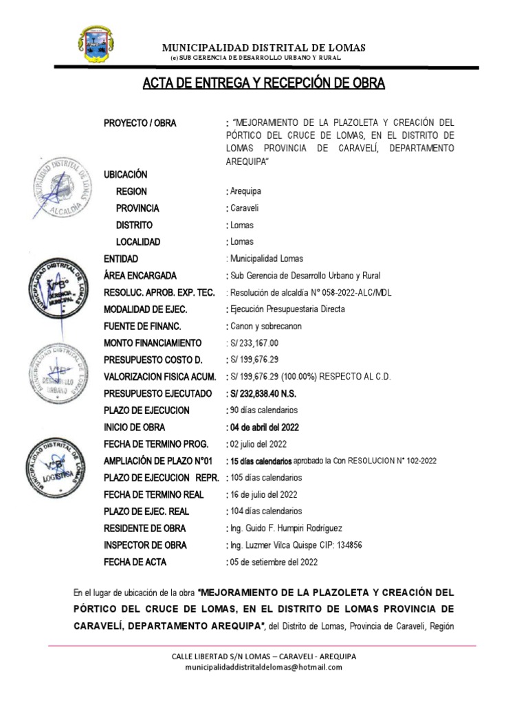 Acta Recep Obra Cruce Lomas | PDF | Diseño | Diseño ambiental