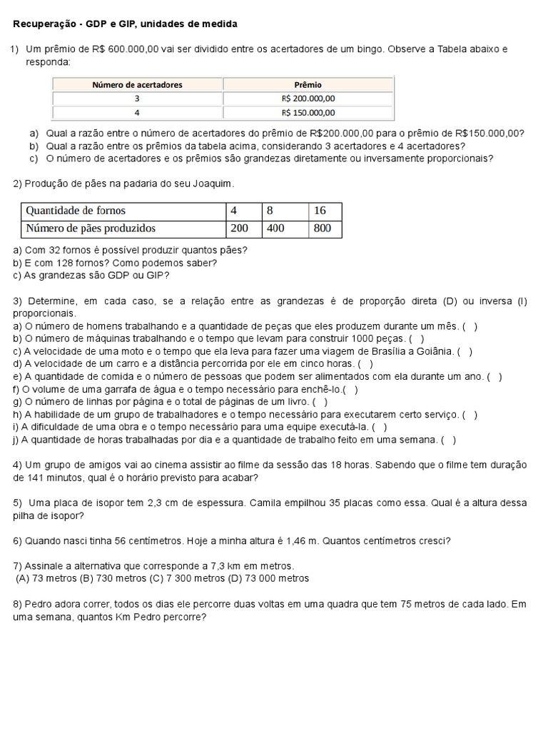 GDP e GIP: Exercícios de Proporcionalidade | PDF