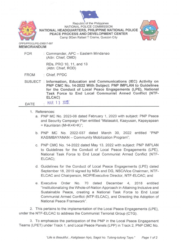 Iec Activity On PNP MC No. 14-2022 With Subject PNP Implan To ...