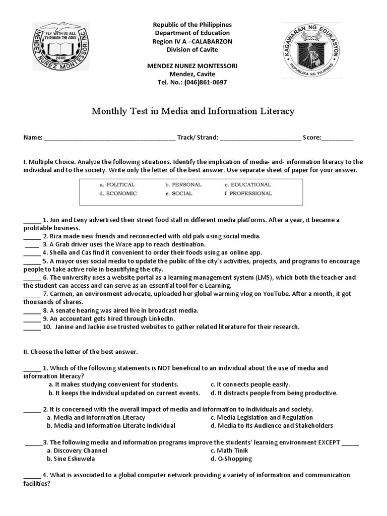 Monthly Test in Media and Information Literacy | PDF | Educational ...