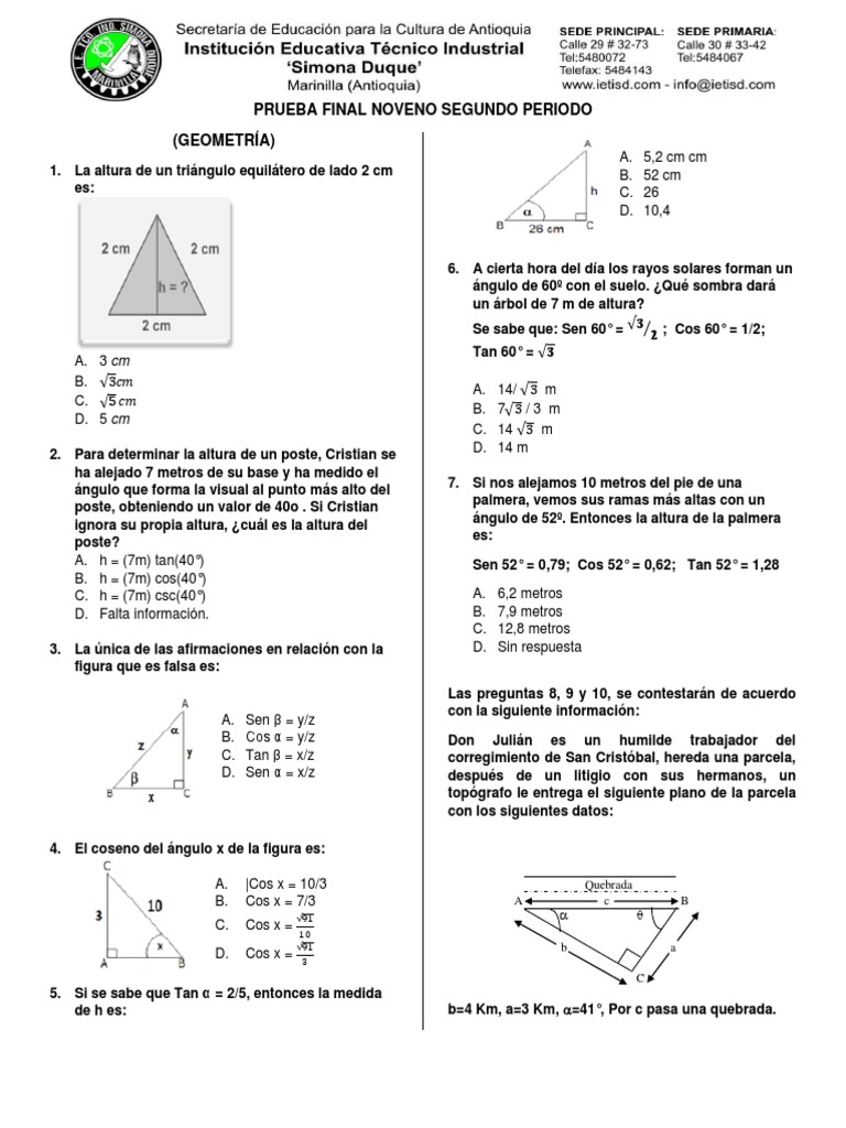 Prueba Segundo Periodo Geometria Octavo | PDF | Funciones trigonométricas | Trigonometría