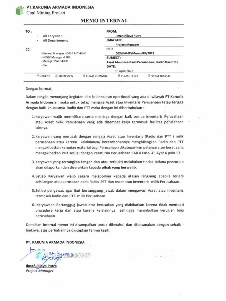 Memo Internal - Aset Atau Inventaris Perusahaan (Radio & PTT) | PDF