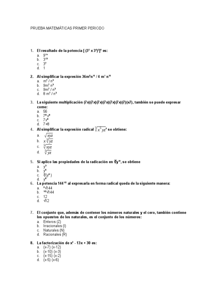 Evaluación Primer Periodo Pdf Matemáticas Análisis Complejo