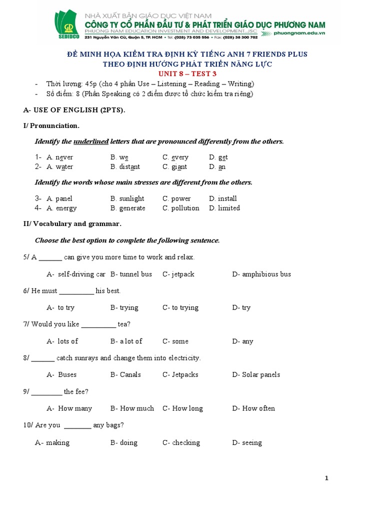 Tiếng anh 7 Friends Plus - Unit 8 - Test 3 | PDF