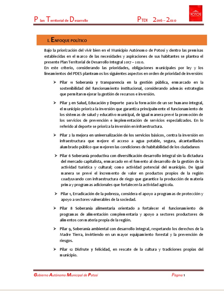 Plan Territorial de Desarrollo Integral Potosi - 20210704374 | PDF | Sustentabilidad | Inmigración