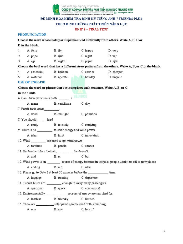 Tiếng anh 7 Friends Plus - Unit 8 - Final Test | PDF | Energy ...
