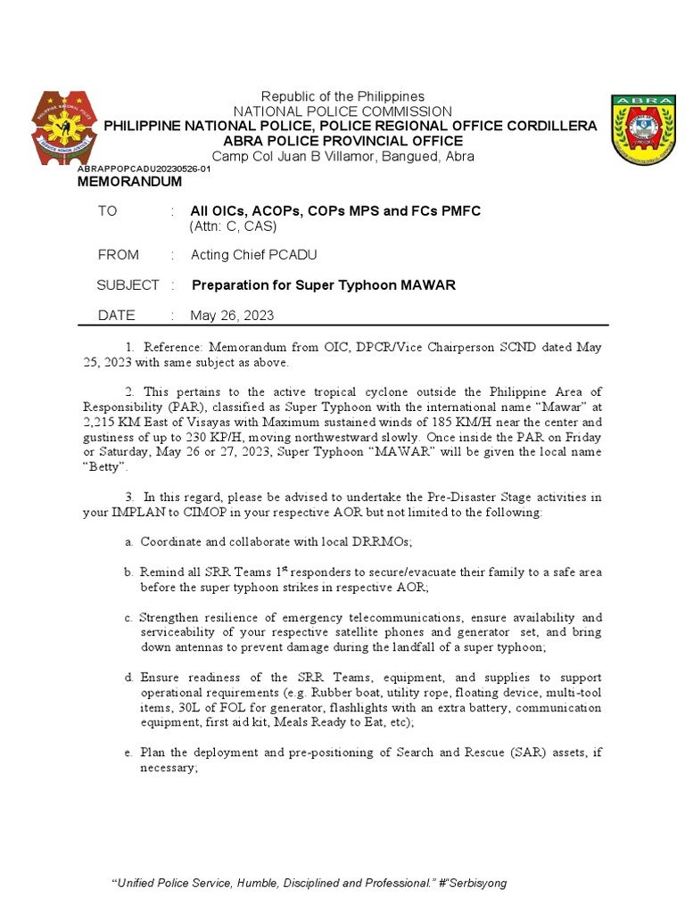 MEMO Preparation For Super Typhoon MAWAR | PDF | Tropical Cyclones ...