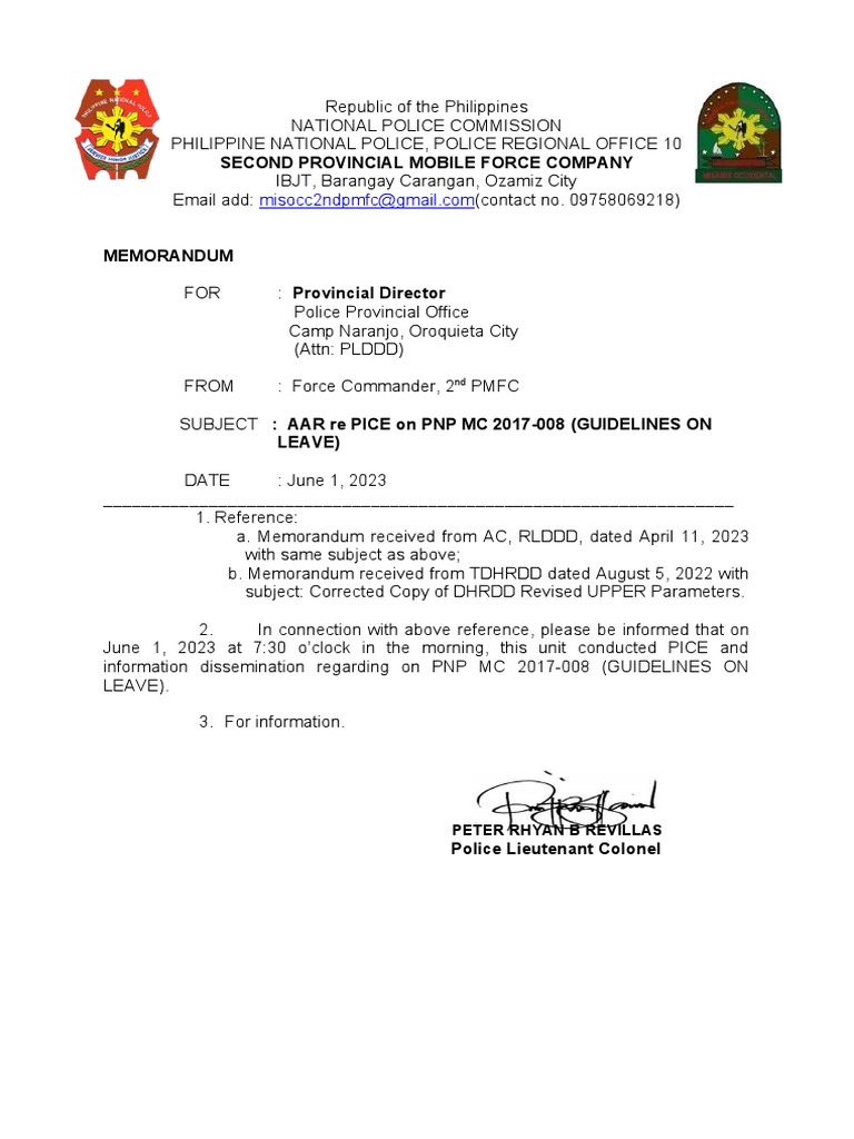 Aar Pice PNP MC 2017-008 (Guidelines On Leave) | PDF