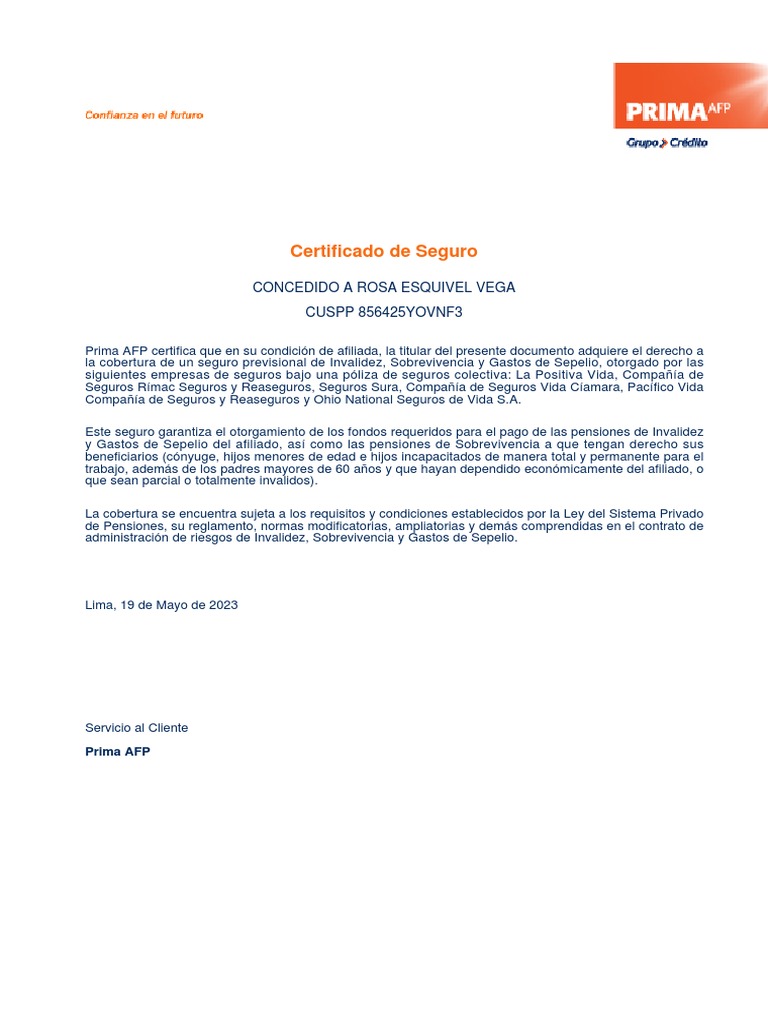 Certificado de Seguro | PDF