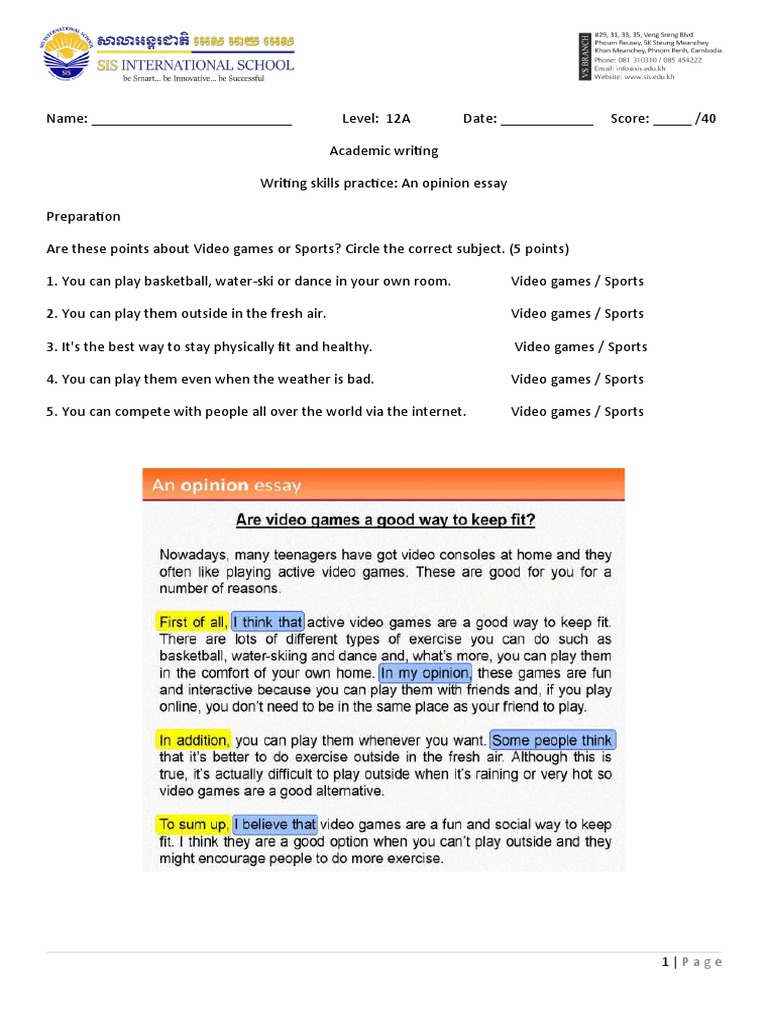 Opinion Essay Practice: Video Games vs Sports | PDF