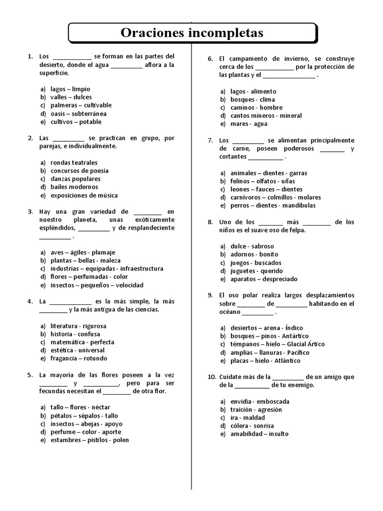 2do Tarea Oraciones Incompletas | PDF