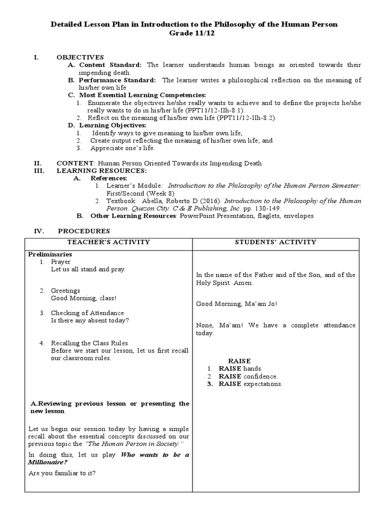 Detailed Lesson Plan in Introduction To The Philosophy of The Human Person | PDF