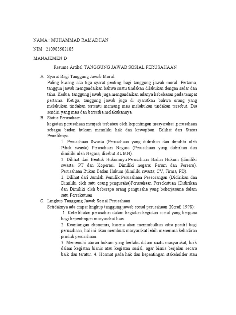 Resume Artikel Tanggung Jawab Sosial Perusahaan | PDF