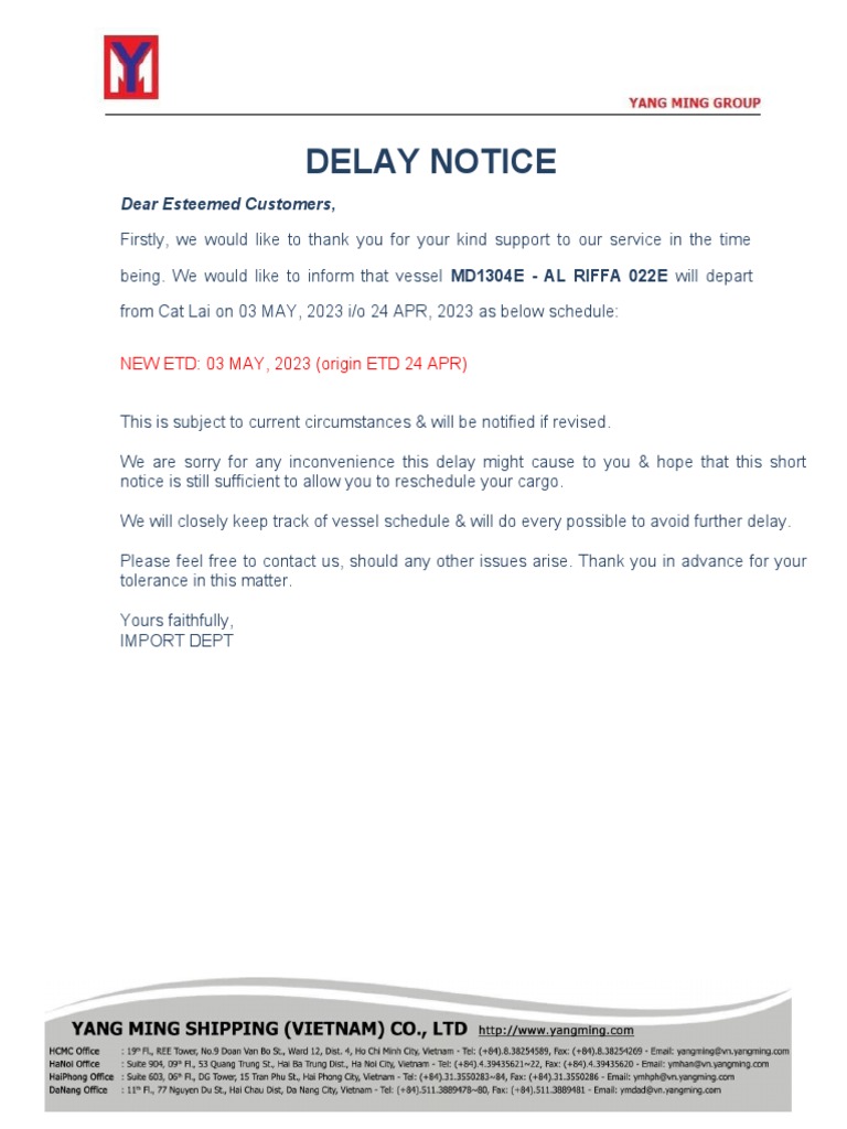 Delay Notice - CHX239N - Ym Certainty 030N - New Etd 16 Oct | PDF