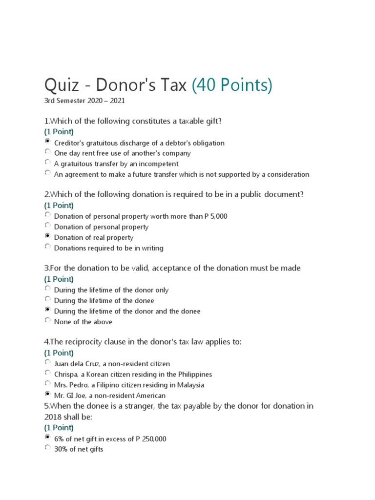 Donors Tax Quiz Answers and Solutions | PDF | Tax Deduction | Donation
