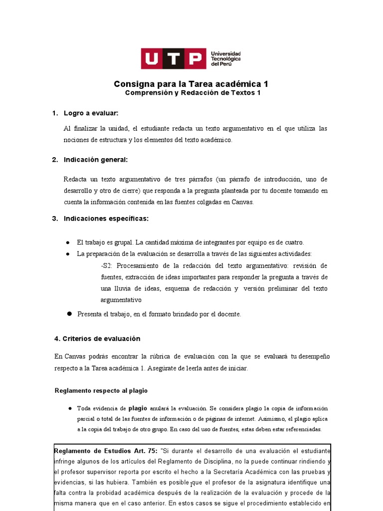 Consigna para La Tarea Académica 1: Comprensión y Redacción de Textos 1 1. Logro A Evaluar | PDF ...