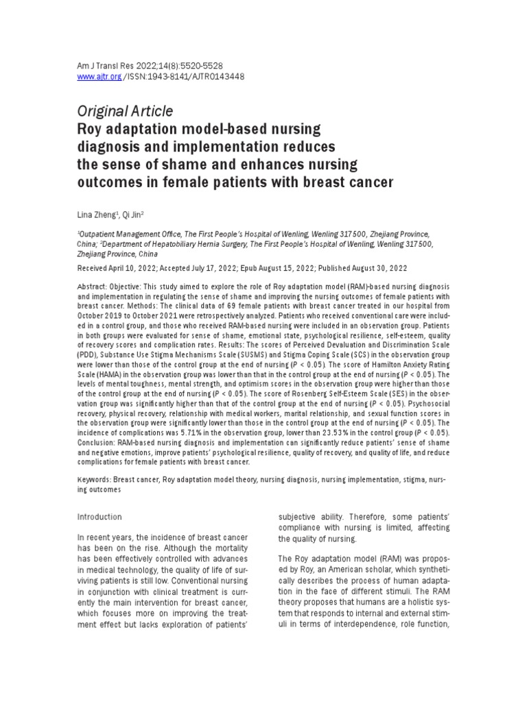 Roy Adaptation Model-Based Nursing Diagnosis and Implementation Reduces ...