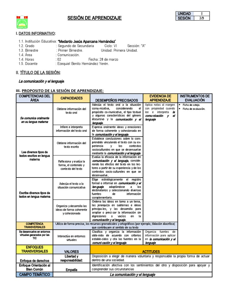 Sesión de Clase (3) 2do. 1ra Unidad | PDF | Comunicación | Aprendizaje