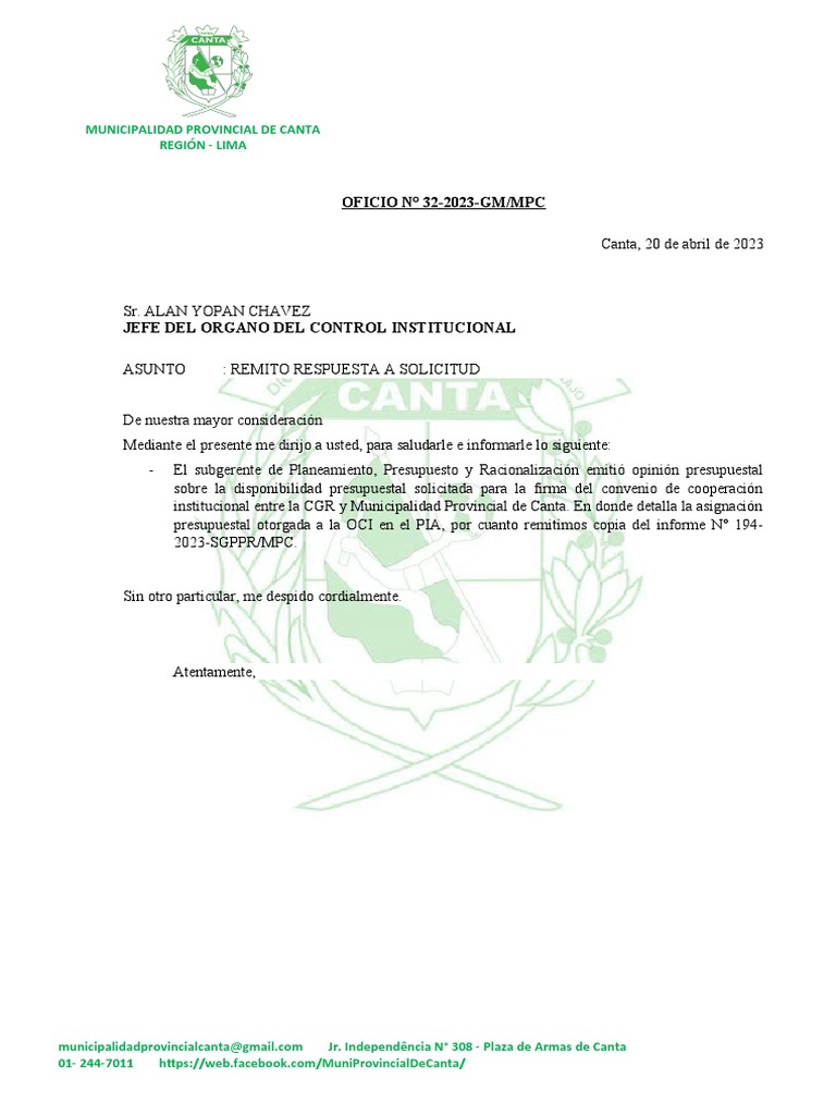 Respuesta Presupuestal Convenio CGR-Canta | PDF