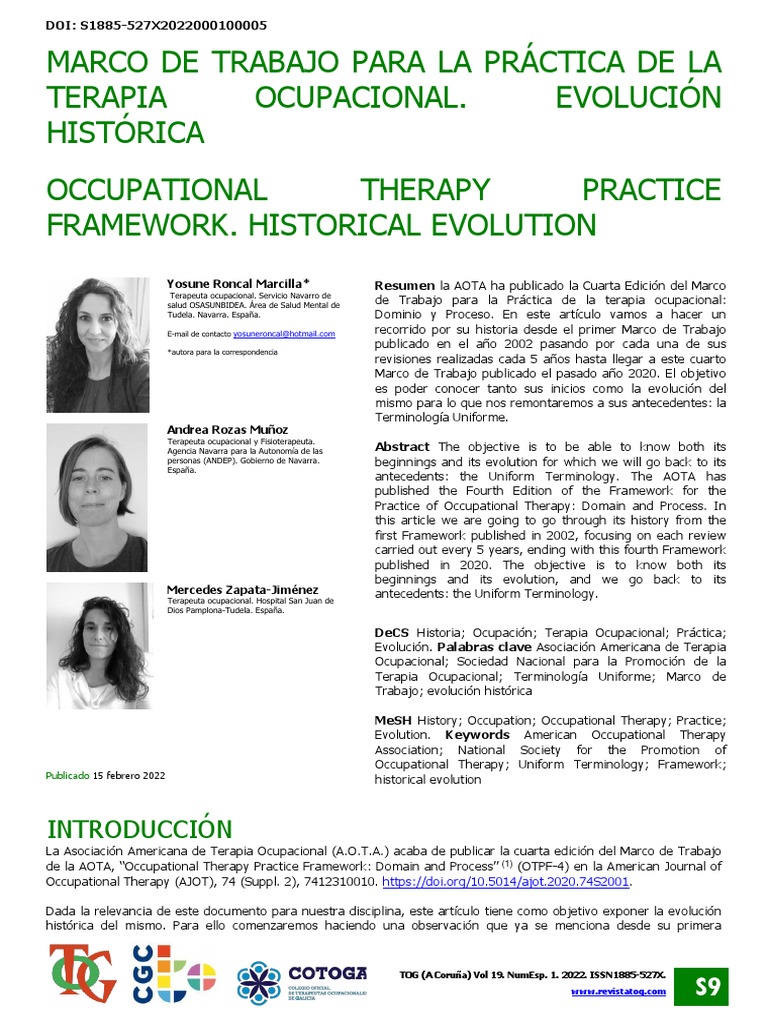 Marco de Trabajo para La Práctica de La Terapia Ocupacional. Evolución ...