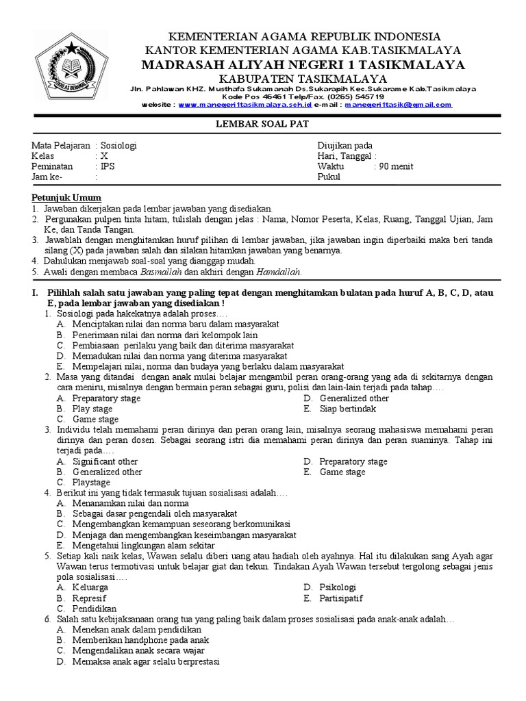 Soal PAT Sosiologi Kelas 10 IPS 2023 | PDF