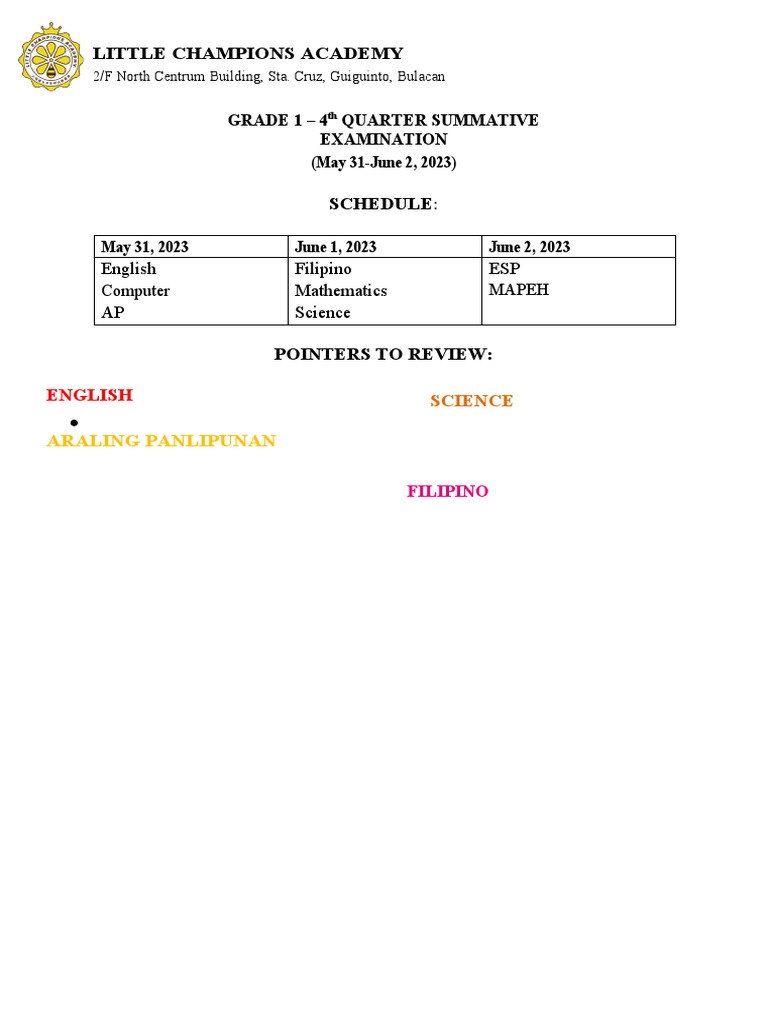 Pointers and Schedule - Summative Test in 4th QTR | PDF