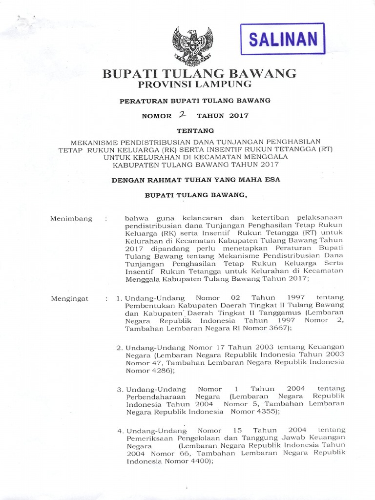 Peraturan Bupati Tulang Bawang Nomor 02 Tahun 2017 | PDF Peraturan Bupati Tulang Bawang Nomor 02 Tahun 2017 | PDF