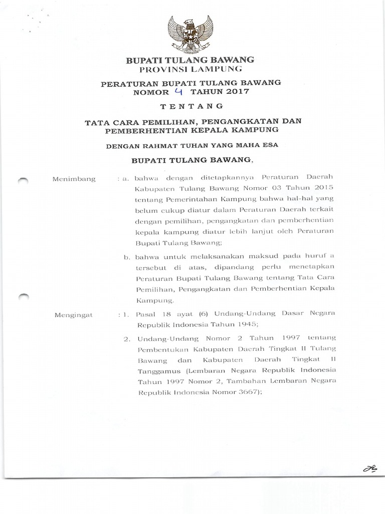Peraturan Bupati Tulang Bawang Nomor 04 Tahun 2017 | PDF Peraturan Bupati Tulang Bawang Nomor 04 Tahun 2017 | PDF