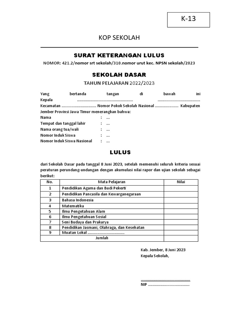 Surat Keterangan Lulus 2023 - K-13 - Kop SD | PDF