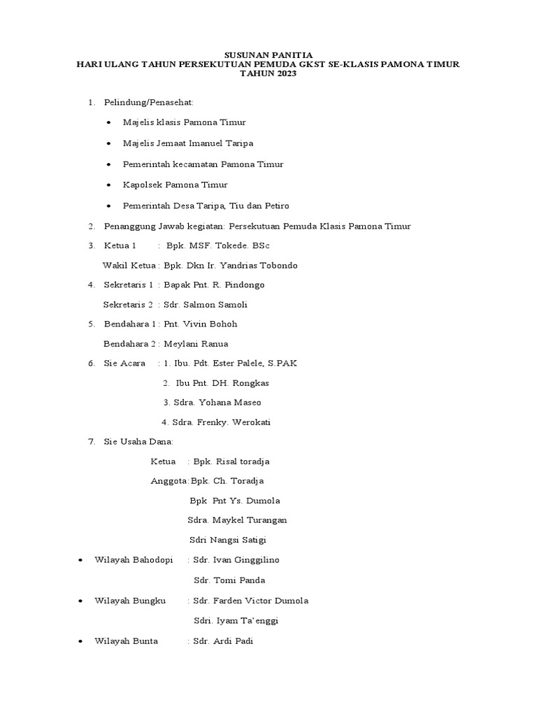 Susunan Panitia Hut Pemuda GKST Se-Klasis Pam Tim | PDF