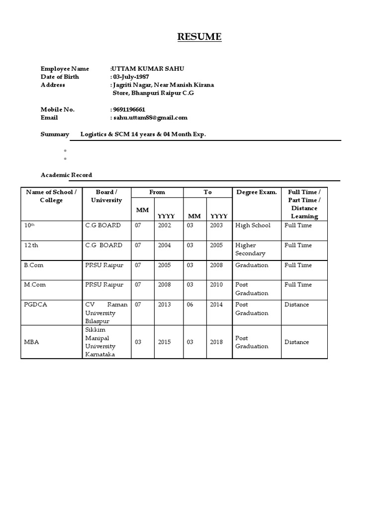 CV of Uttam Sahu | PDF | Logistics | Warehouse