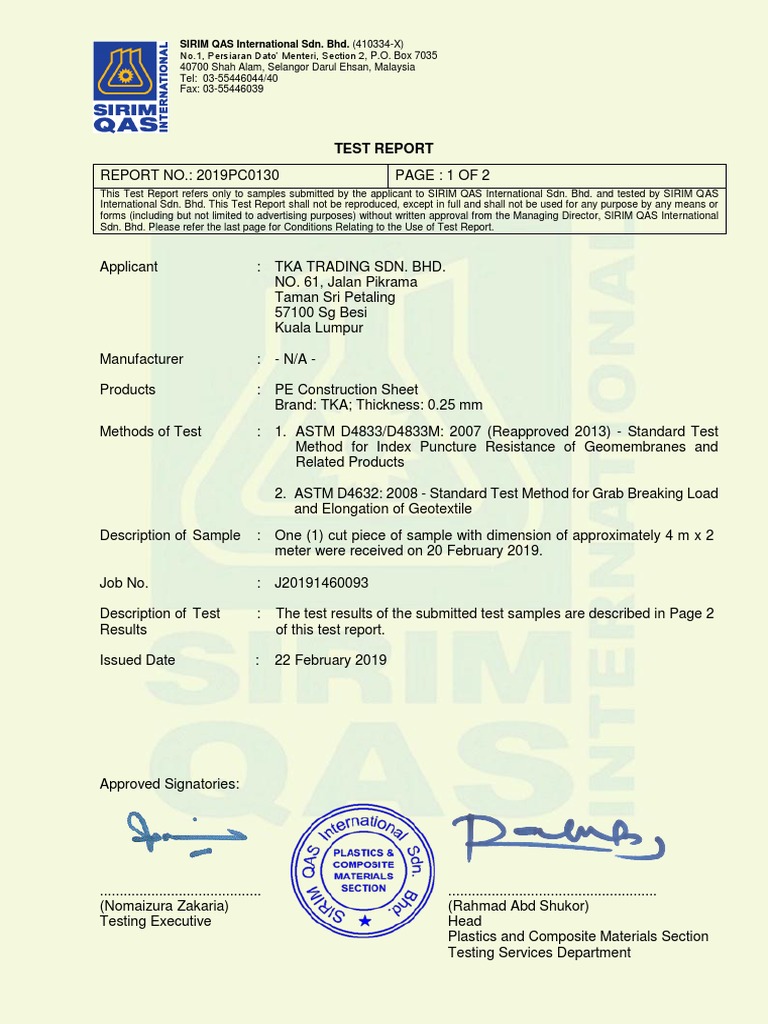 Sirim Test Report 0.25mm Thickness | PDF | Physical Sciences | Building ...