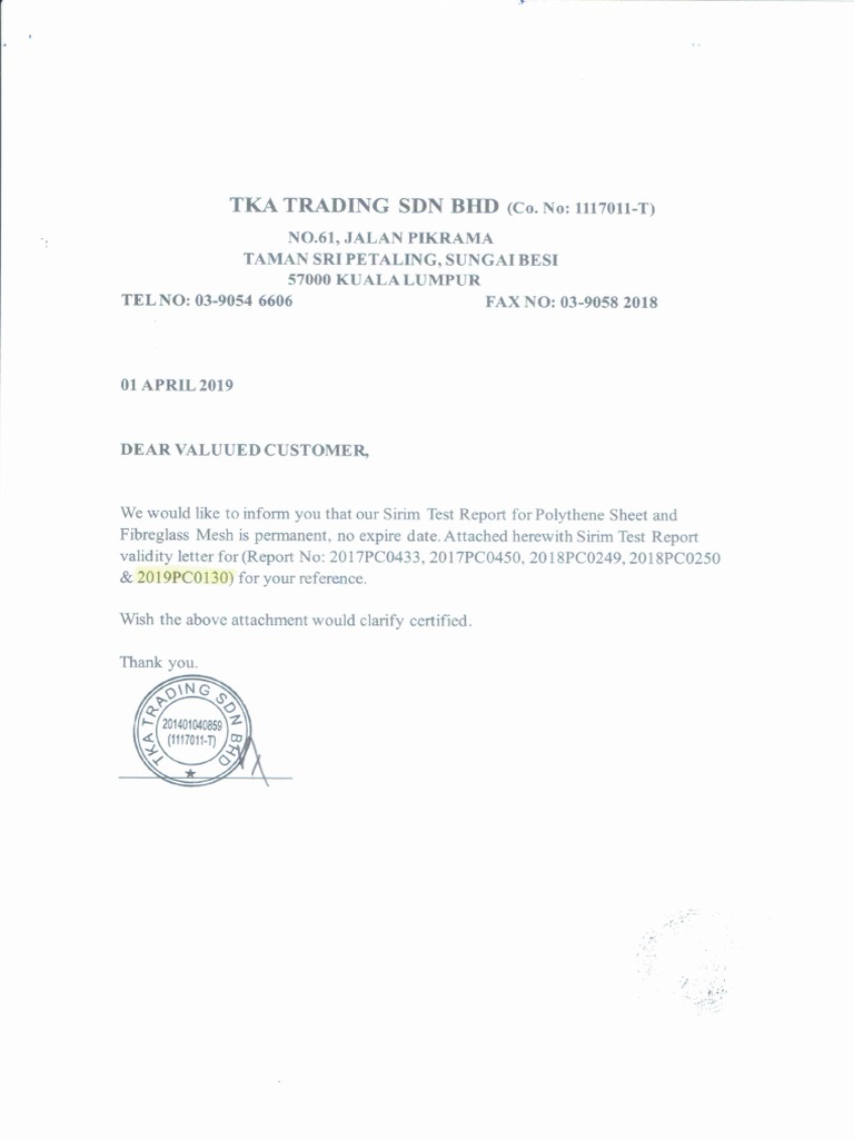 Sirim Letter and Tka Trading | PDF