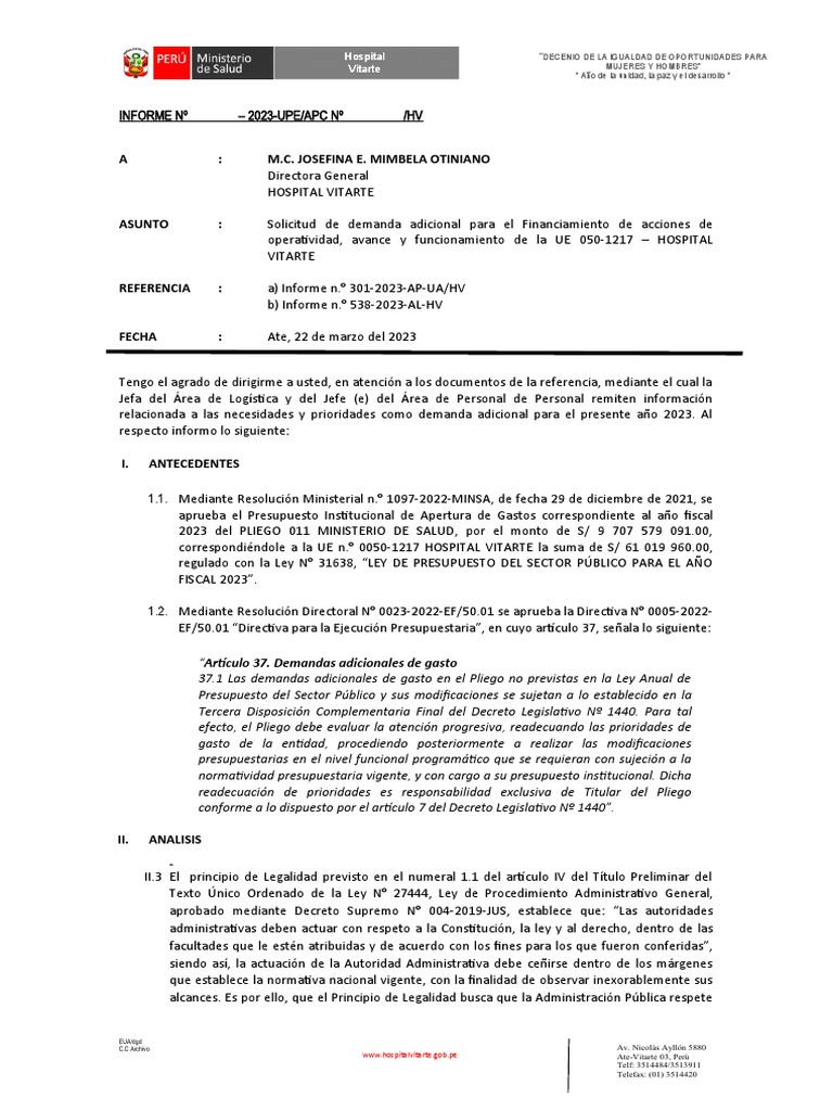 Informe Demanda Adicional Año 2023 - Hospital Vitarte | PDF | Hospital | Presupuesto