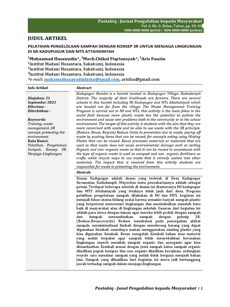Pelatihan Pengelolaan Sampah Dengan Konsep 3R Untuk Menjaga Lingkungan Di Mi Kadupugur Dan MTS ...