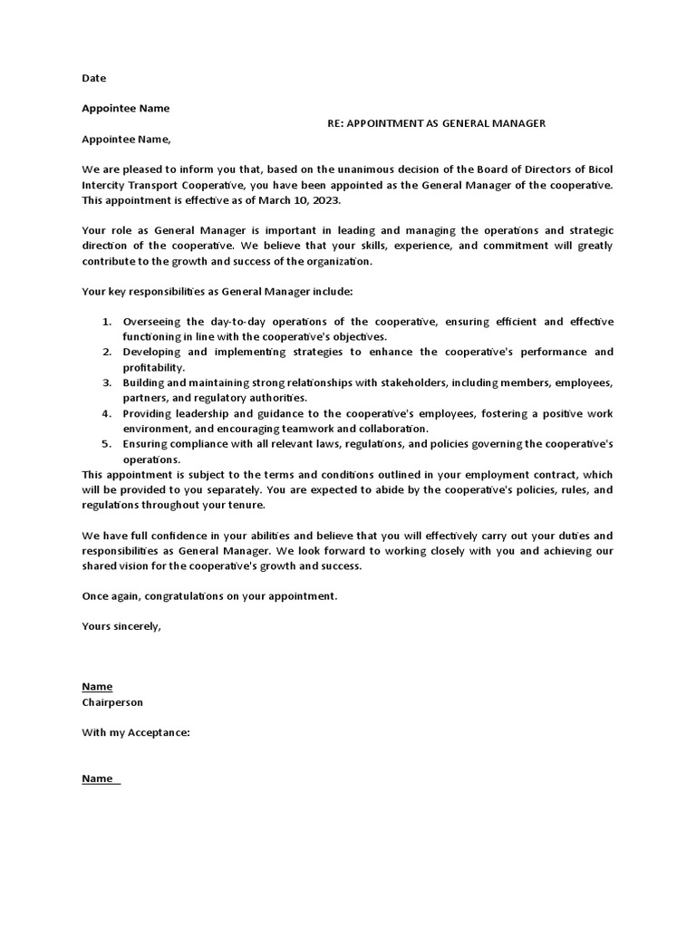 Appointment Paper For General Manager 2021 To 2023 | PDF