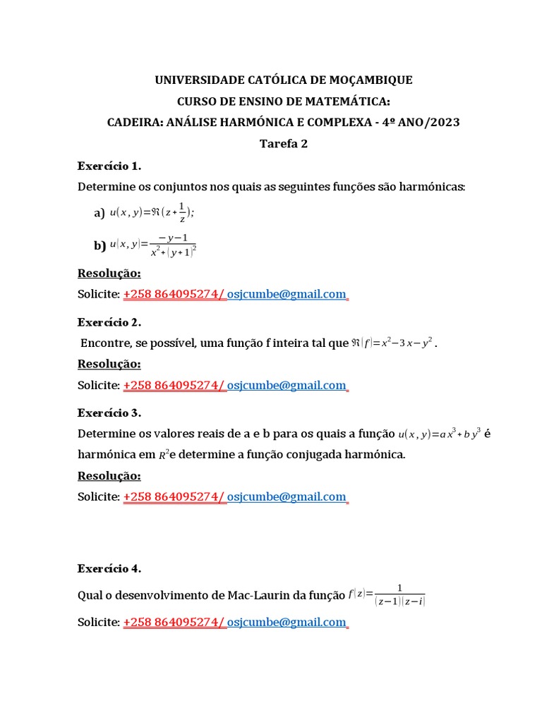 Trabalho 2 - Análise Harmónica e Complexa UCM | PDF | Conceitos matemáticos | Analise matemática