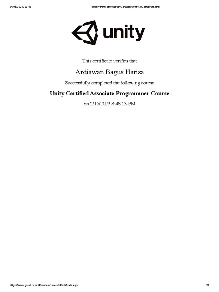 Unity Associate Programmer Course Certificate | PDF