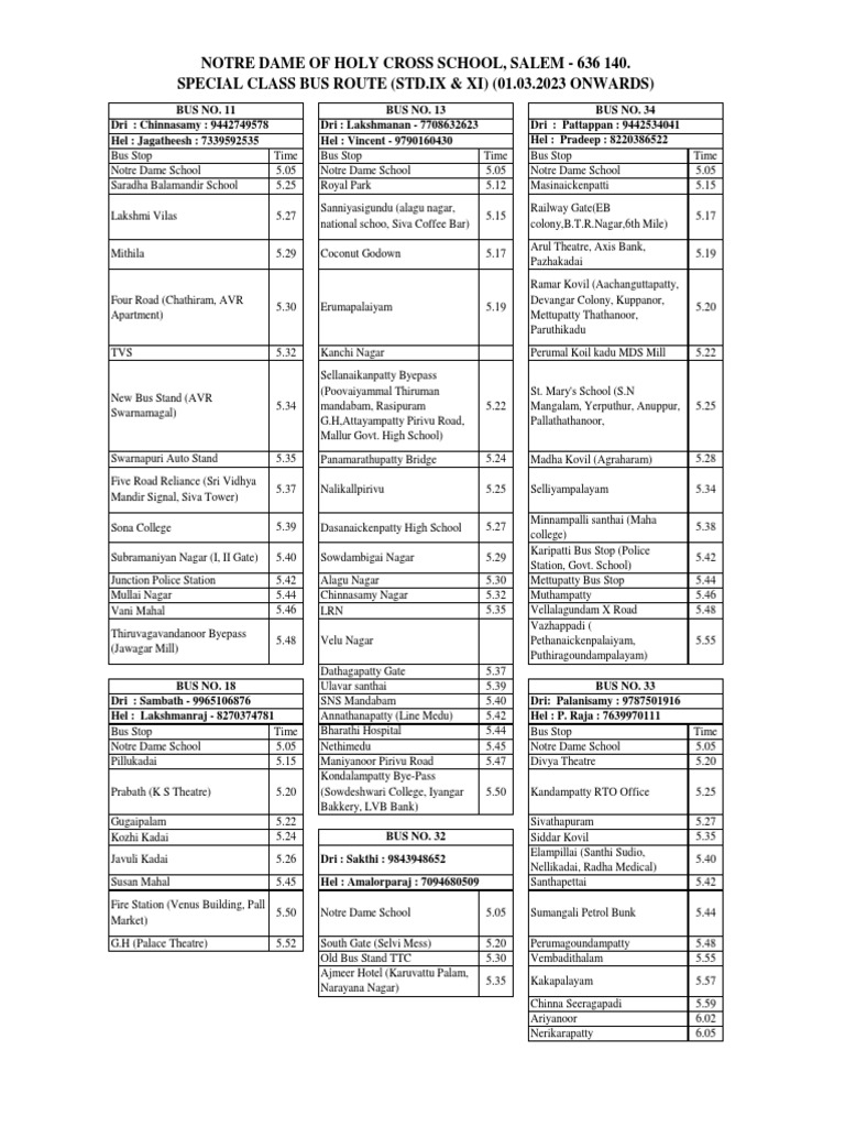 Notre Dame of Holy Cross School, Salem - 636 140. Special Class Bus ...
