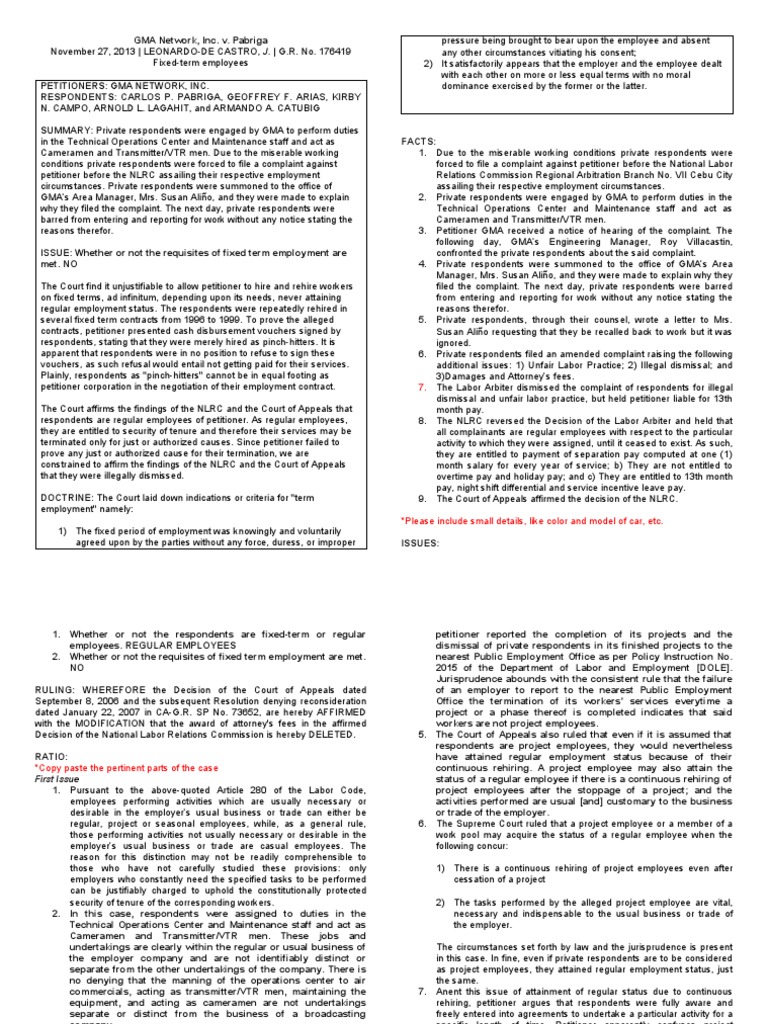 GMA Network v. Pabriga: Employment Status | PDF | Employment | Unfair ...
