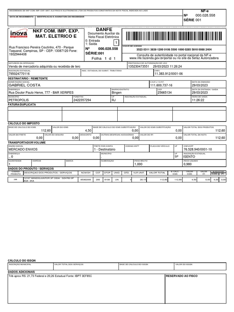 NKF Com. Imp. Exp. Mat. Eletrico E Danfe: #Série | PDF