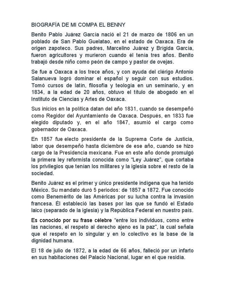 Biografía Benito Juarez Corta Pdf